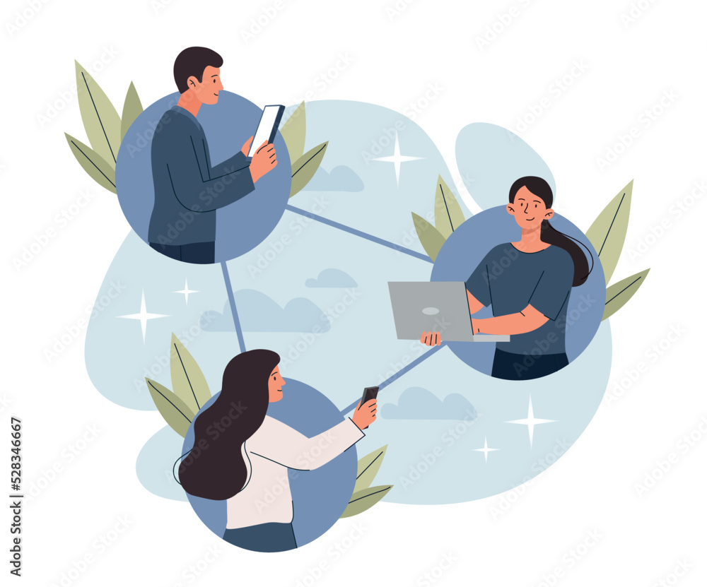 Connected people concept. Men and women with laptops and smartphones ...