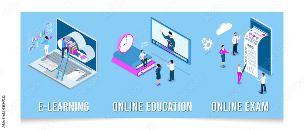 Set of 3D isometric E-learning platform, innovative education and ...