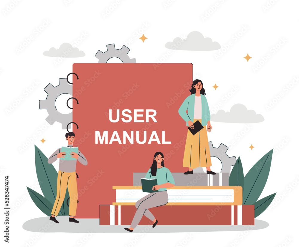 User manual concept. Man and woman next to instructions for product ...