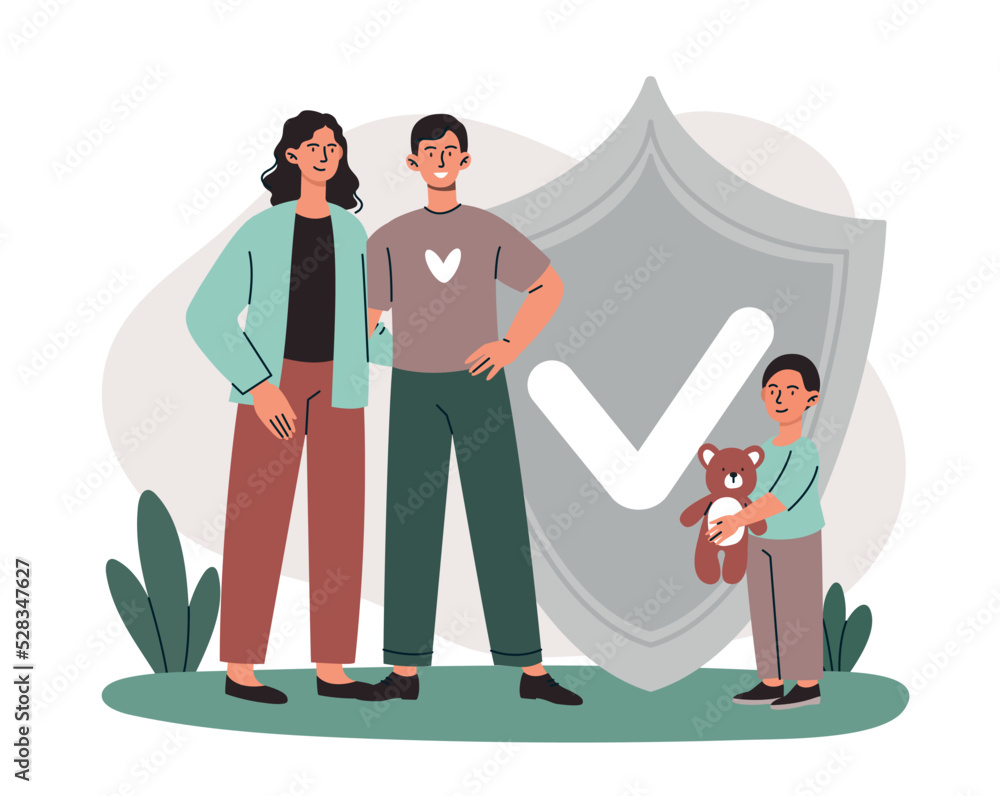 Social security concept. Man and woman hugging next to shield, young ...