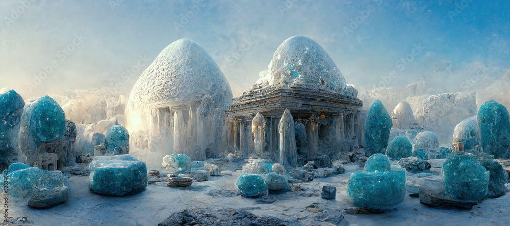 3d illustration rendering of great sacred ice temple with hemispherical ...