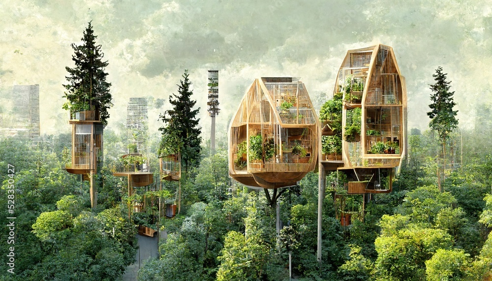 Spectacular image of a sustainable tree house surrounded by greenery in ...