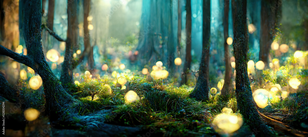 A beautiful enchanted forest with big fairytale trees and great ...