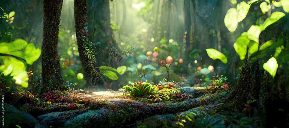 A beautiful enchanted forest with big fairytale trees and great ...