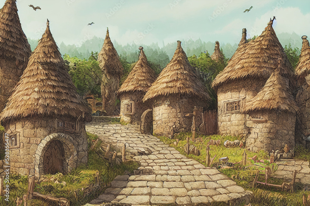3D render of fantasy medieval village with a lot of buildings. Digital ...