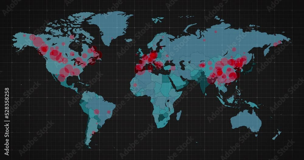 Animation of the world map and countries turning red through circles in ...
