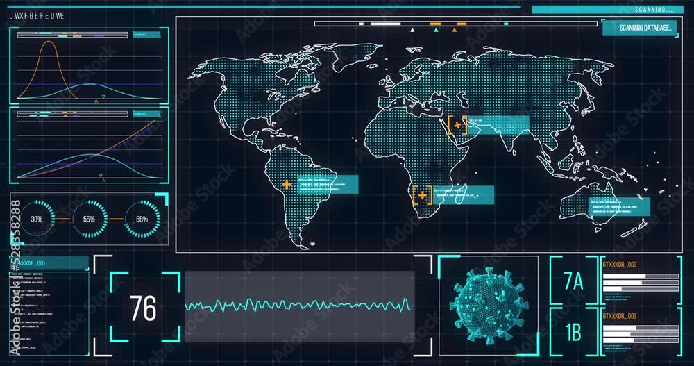 Animation of the world map on a screen with icons popping, macro ...