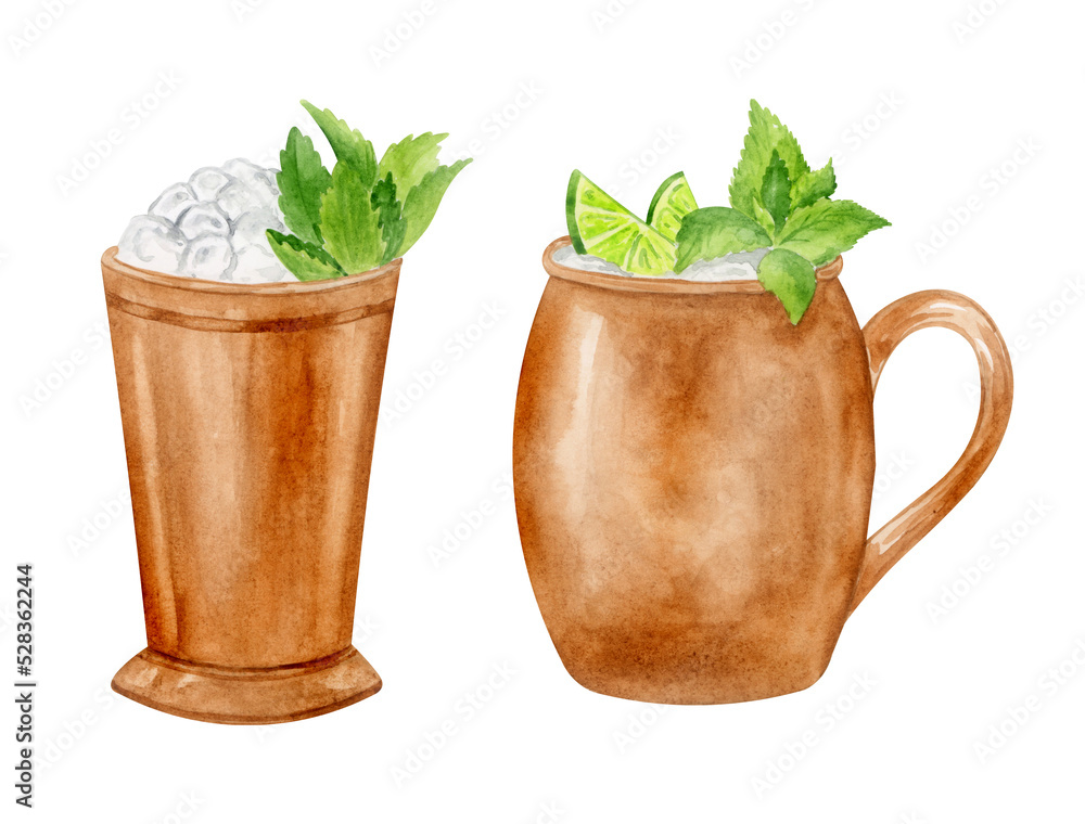 Cocktails in copper mug watercolor illustration. Drinks clipart ...