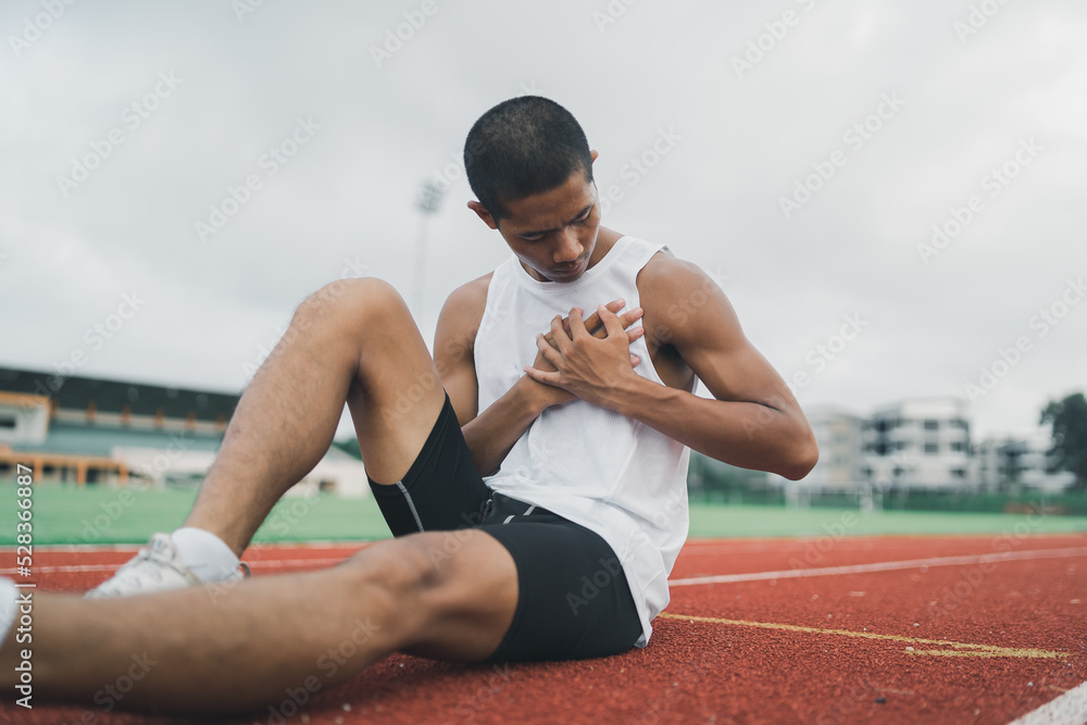 Asian athletes sport man runner wearing white sportswear sitting having ...