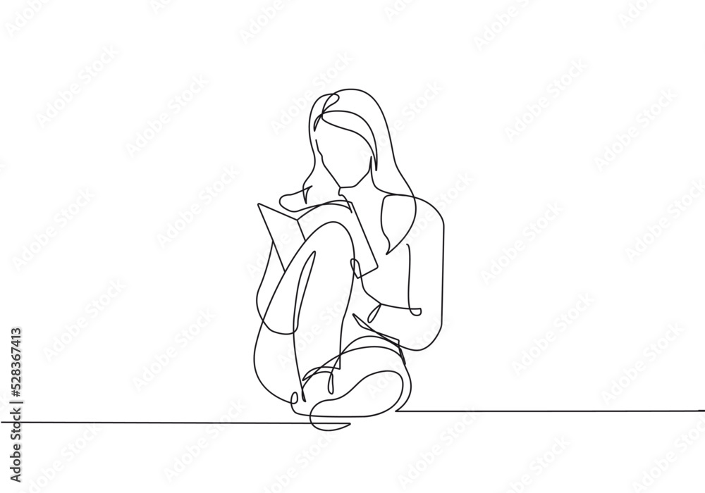 Woman with Book Line Art Drawing. Reading Concept Minimalist Black ...