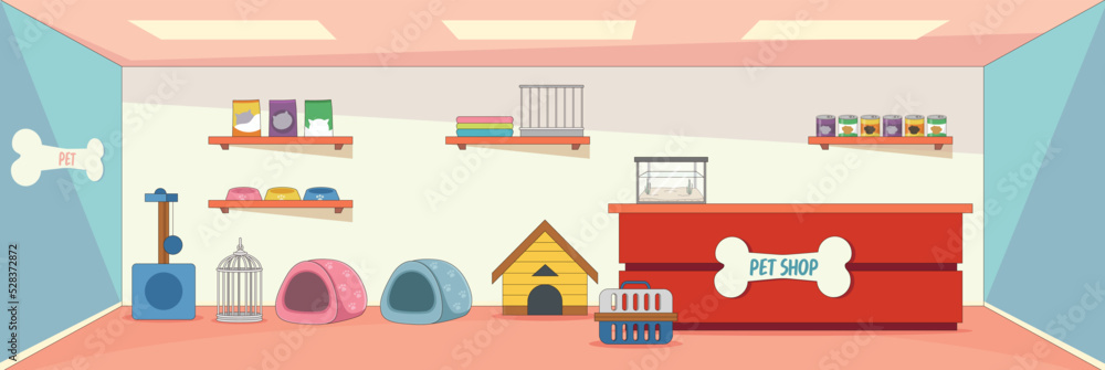 Cute and nice design of Pet shop with furniture and interior objects ...