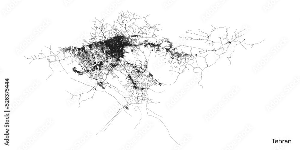 Tehran city map with roads and streets, Iran. Vector outline ...