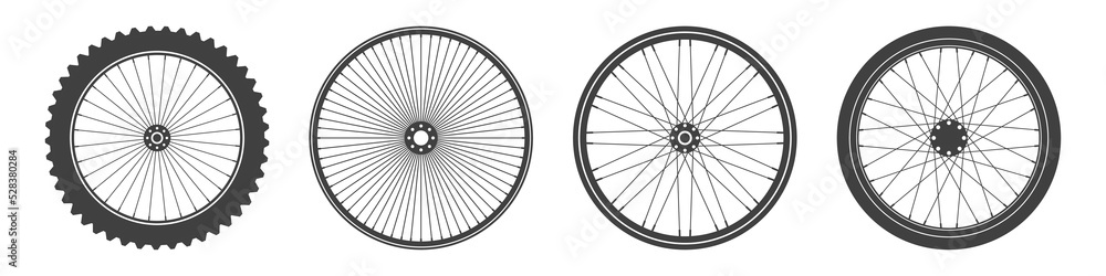 Black bicycle wheel symbols collection. Bike rubber tyre silhouettes ...