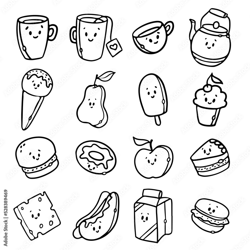 Cute Kawaii fast food meal outline doodle cartoon style Set Vector ...