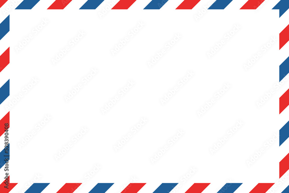Airmail envelope frame with blue and red stripes on white background ...