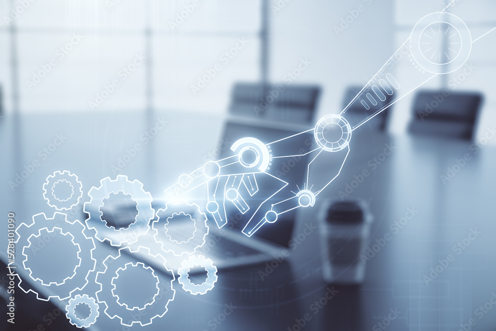 Double exposure of robotics technology hologram on laptop background ...