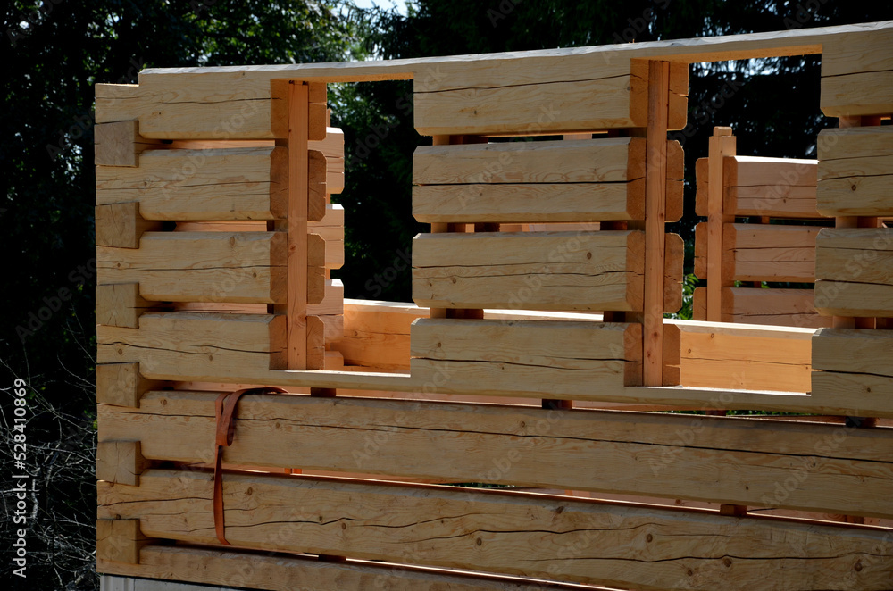 a carpenter built a log cabin with rough hewn beams. wood planing was ...