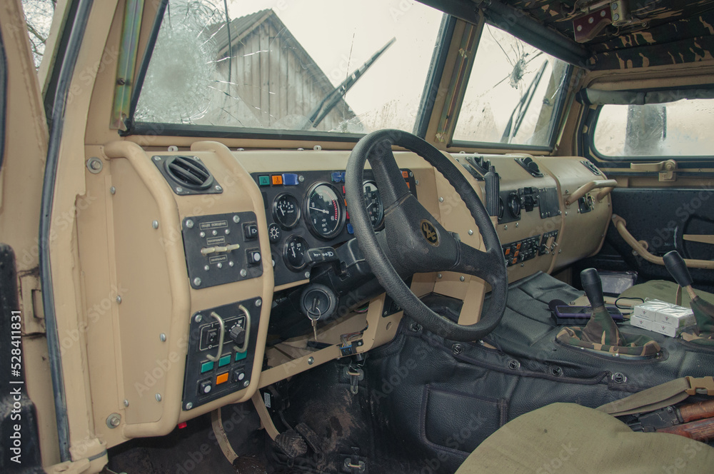 Kyiv, Ukraine – 09/05/2022: Driver's cabin of russian military jeep ...