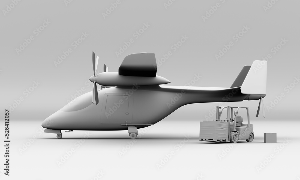 Clay rendering of Electric VTOL cargo delivery aircraft and forklift on ...