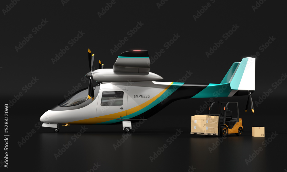 Side view of Electric VTOL cargo delivery aircraft and forklift on black background. Speed ...
