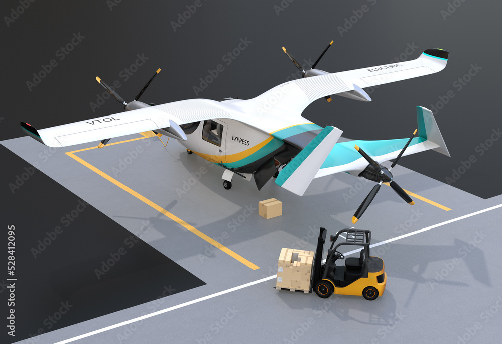 Electric VTOL cargo delivery aircraft charging on the port. Forklift ...
