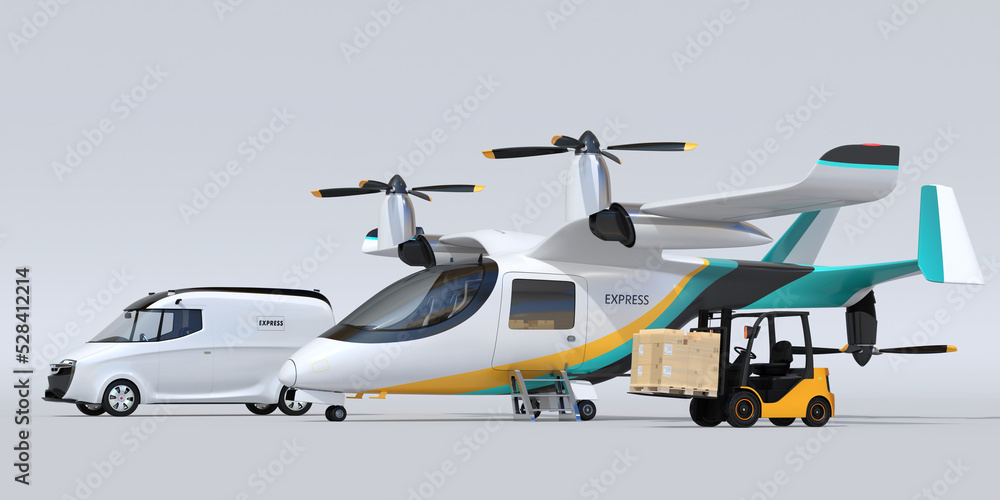 Electric VTOL cargo delivery aircraft , van and forklift on gray background. Smart logistics ...
