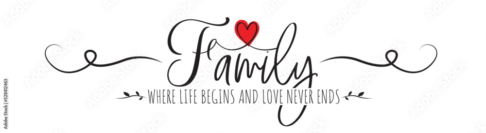 Family where love begins love never ends, vector. Wording design ...