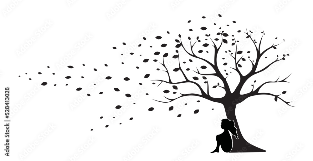 Girl silhouette sitting under the tree, vector. Tree illustration with ...