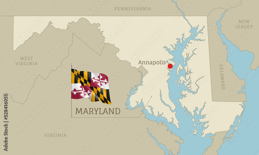 Map of Maryland USA federal state with waving flag. Highly detailed ...