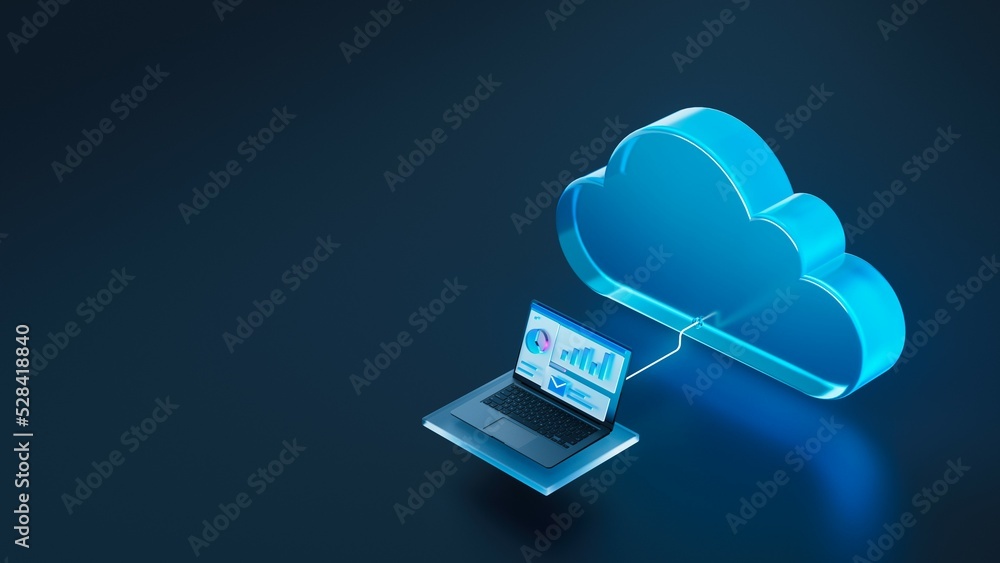 3D illustration: Laptop Computer Connected to a Cloud. Concept of Cloud ...