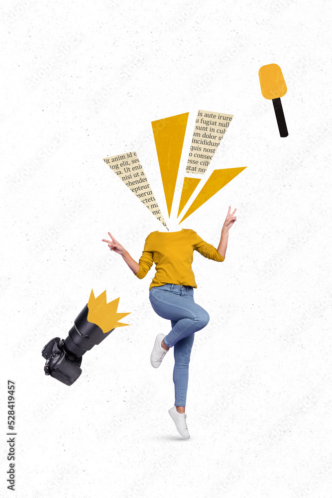 Vertical poster collage photo of talkative headless woman intervies ...