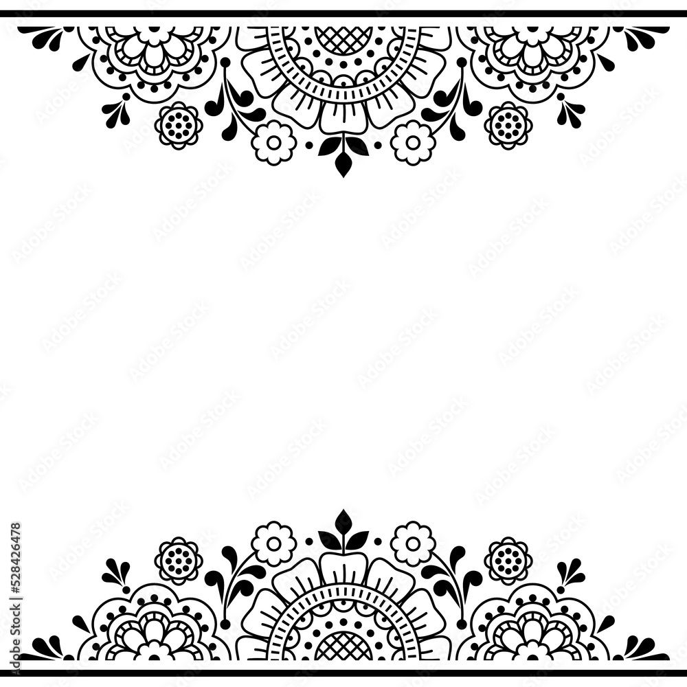 Floral folk outline vector greeting card or wedding invitation pattern ...