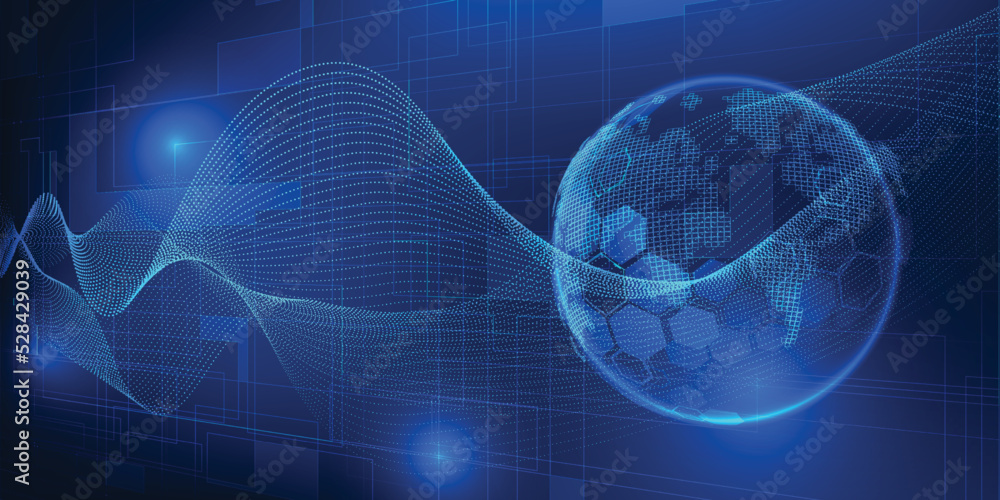 Vector illustrations of digital tech globe flying through wave ...