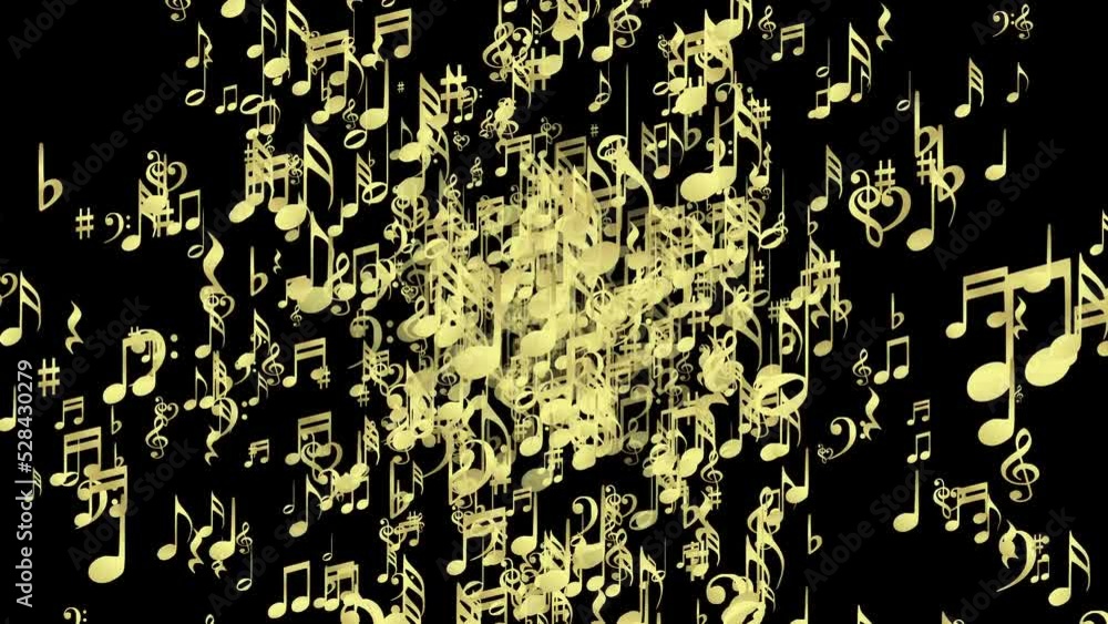 Floating golden music notes. Isolated exploding icons. Animation. Black ...
