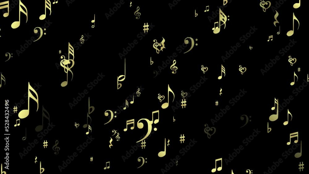Floating golden music notes. Isolated exploding icons. Animation. Black ...