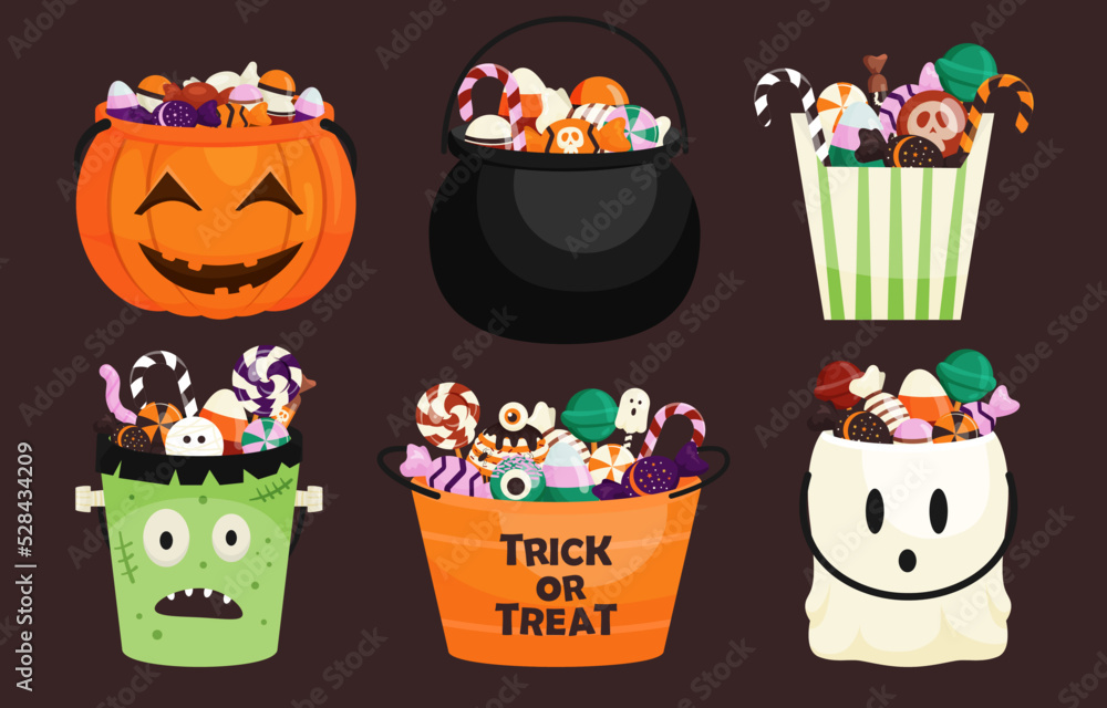 Halloween buckets of various shapes full of sweets, candies and ...