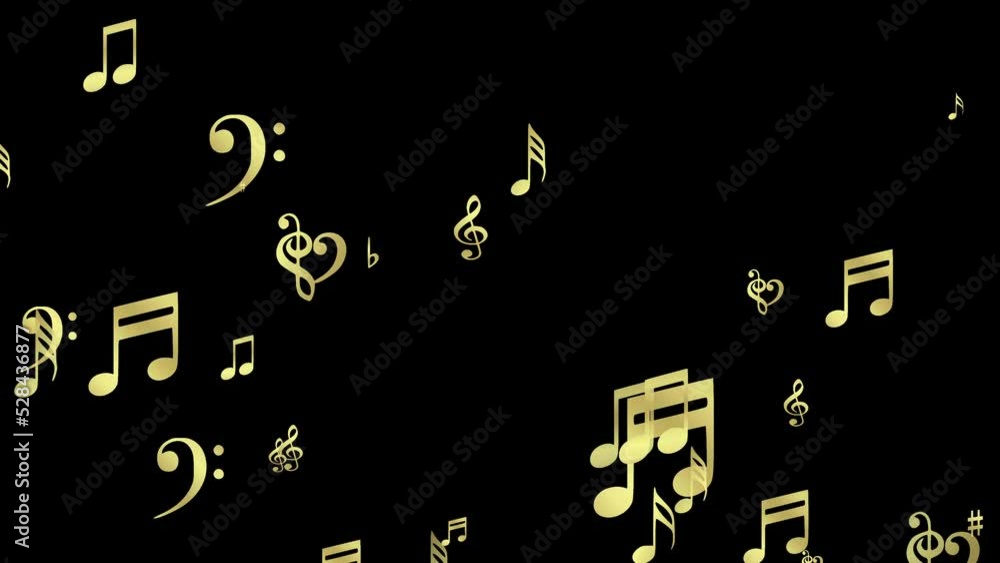 Rising golden music notes. Isolated exploding icons. Animation. Black ...
