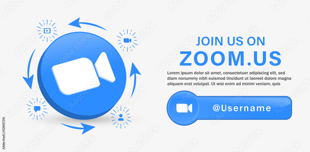 follow us on zoom meeting 3d logo with social media notification icons ...