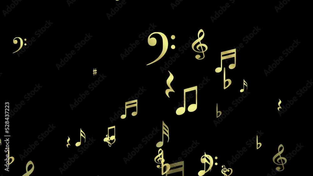 Rising golden music notes. Isolated exploding icons. Animation. Black ...