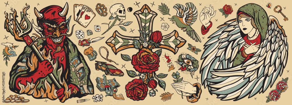 Old school tattoo collection. Angel and demon. Good and evil set ...