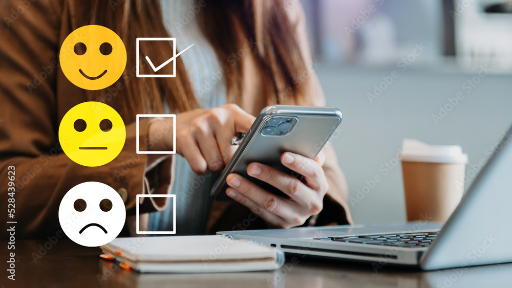 Smart woman use smartphone and tablet choosing happy smile face icon ...