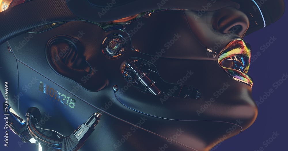 Portrait of a Futuristic cybernetic girl, Fembot wearing VR goggles ...