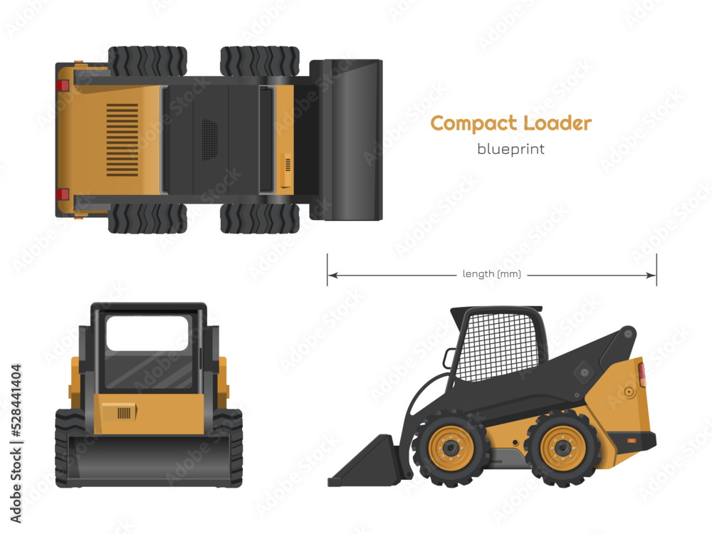Orange compact loader. Side, front amd top view. Isolated drawing of ...