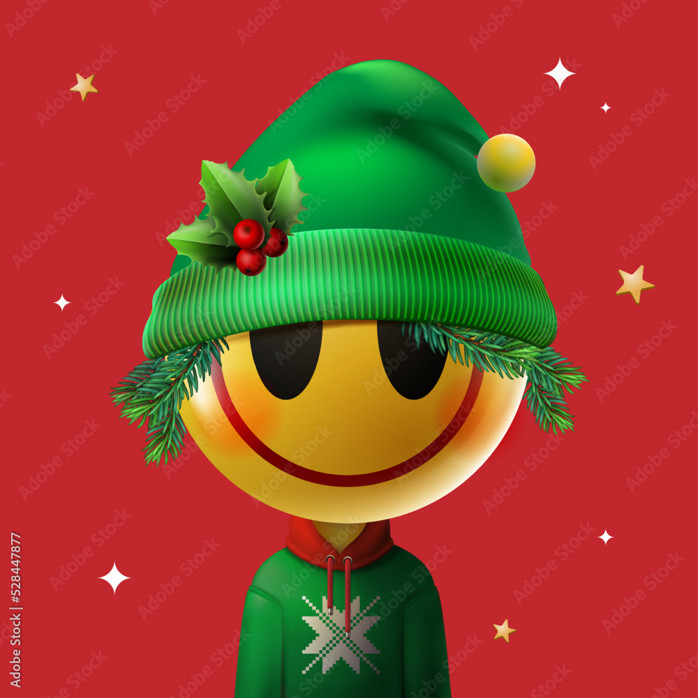 Christmas Elf emoji smiling face and holiday decorations elements Stock ...