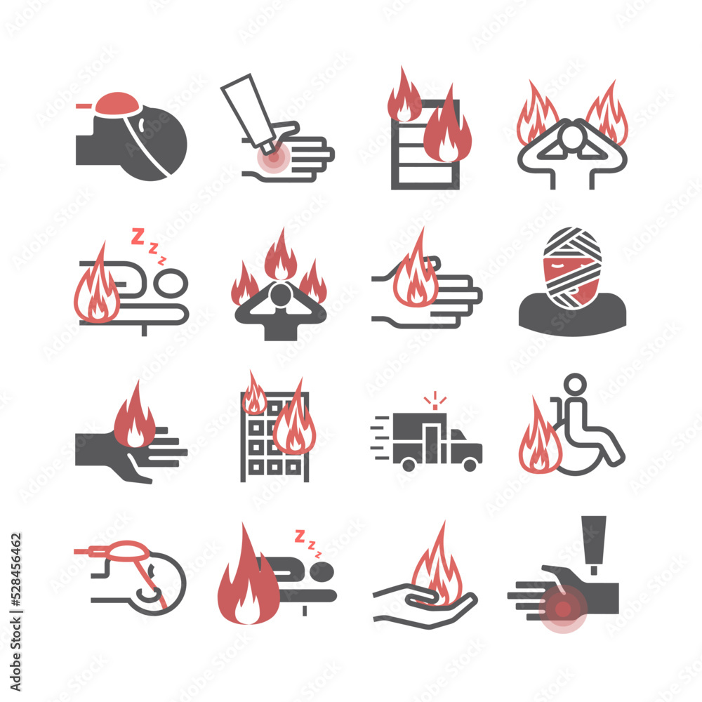 Skinl Burns icons. Treatment. Vector illustrations. Vector signs for ...