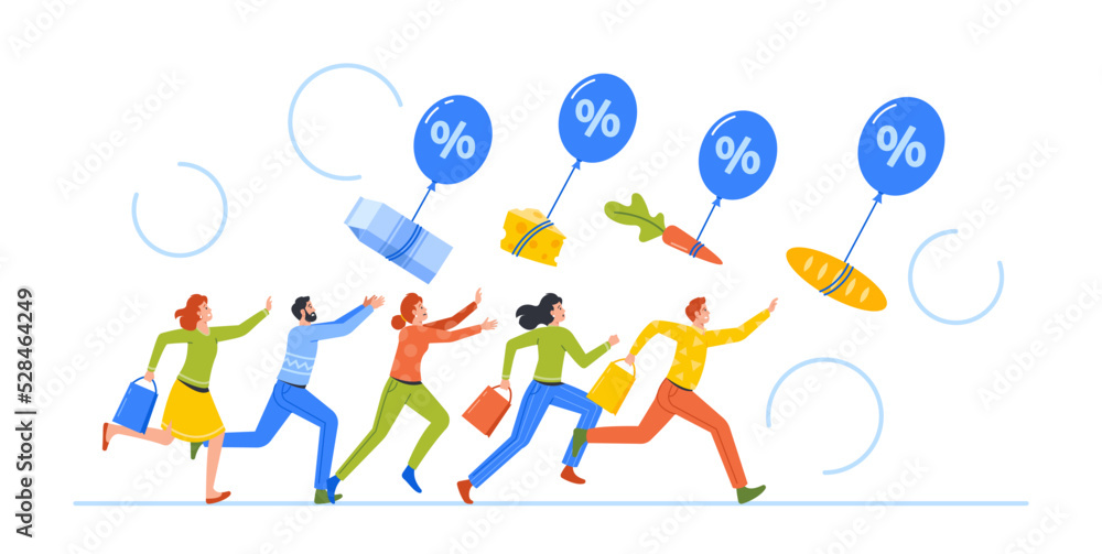 Food Inflation Concept. Consumer Characters Chase Grocery Goods ...