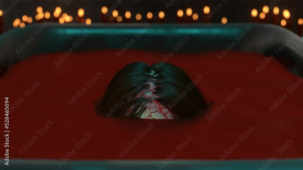 A creepy dead girl appears from the bloody bathtub 3D 4K animation for ...