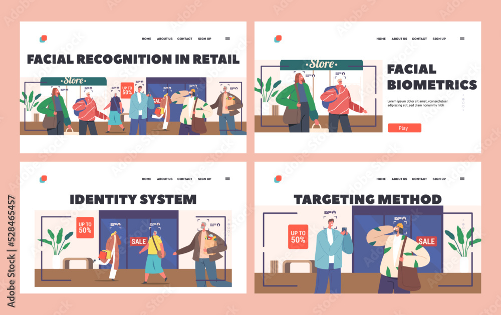 Facial Recognition in Retail Store Landing Page Template Set. Visitor ...
