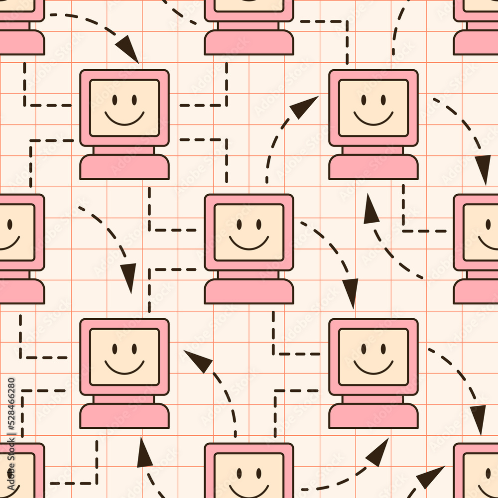 Seamless vector pattern with retro computer. Cute old desktop ...