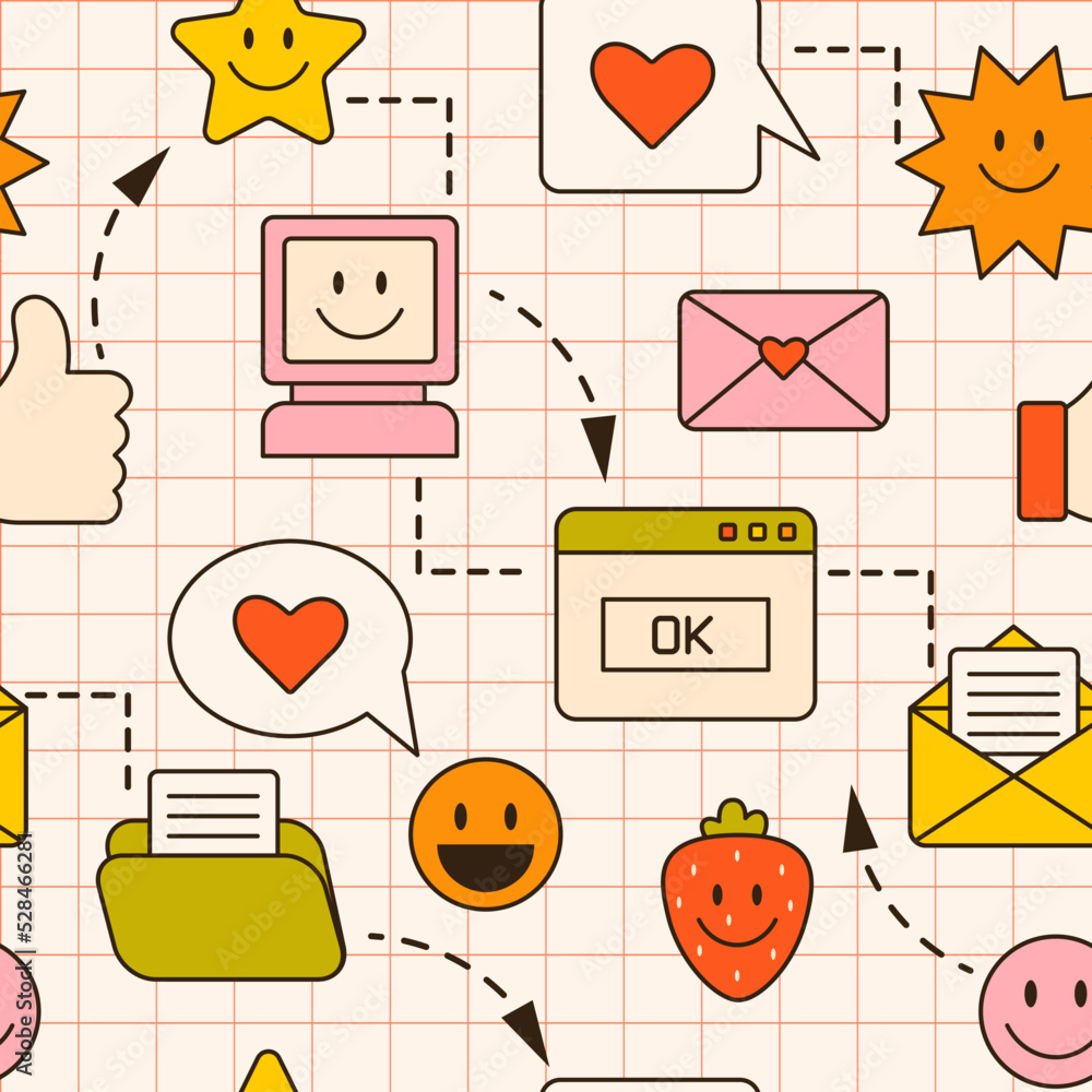 Seamless vector pattern with retro computer icons. Cute old desktop ...